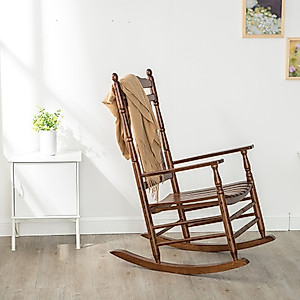 BplusZ Outdoor Wooden Rocking Chair for Patio and Porch - Traditional Indoor Outside Furniture Rocker for Lawn, Backyard and Garden, Brown