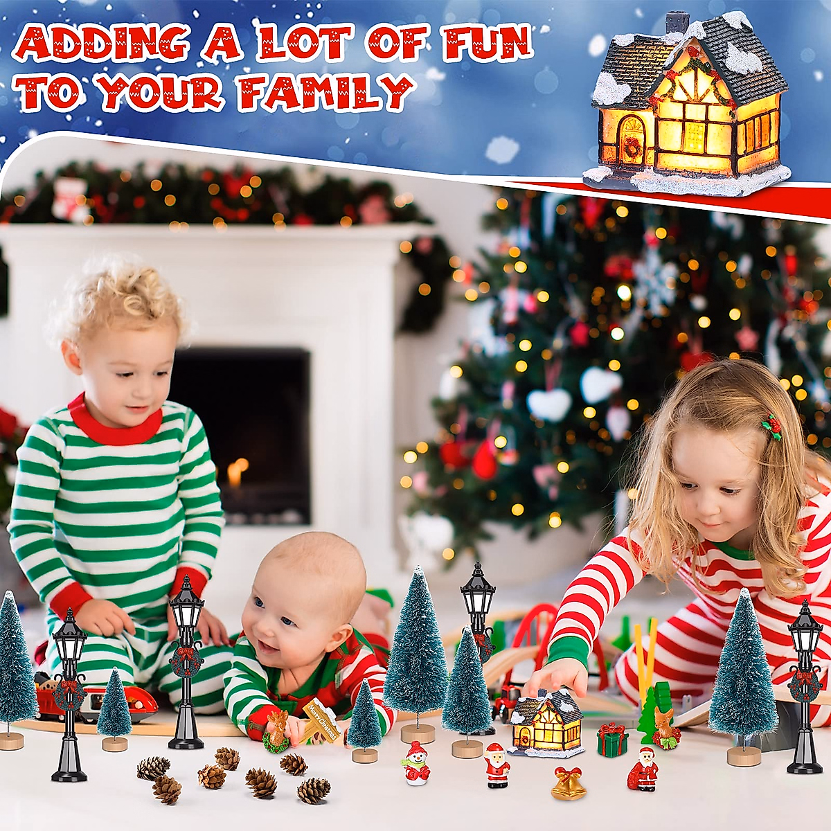 43 Pieces Christmas Village Sets Miniature Ornaments Resin Miniature Garden Dollhouse Mini Street Light Models Small Pine Tree with Wooden Bases Tabletop Xmas Ornaments Resin Snowman Santa Figurines