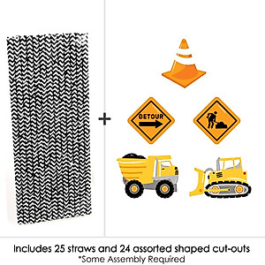 Big Dot of Happiness Dig It - Construction Party Zone - Paper Straw Decor - Baby Shower or Birthday Party Striped Decorative Straws - Set of 24