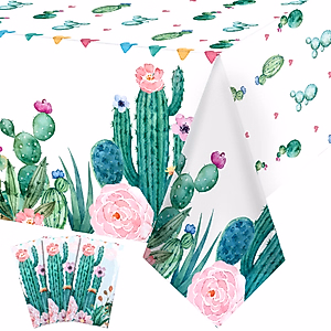 Breling 3 Pieces Watercolor Cactus Tablecloth Plastic Waterproof Table Cover for Birthday Party Decorations Kitchen Dining Room Party Supply, 108 x 54 Inches