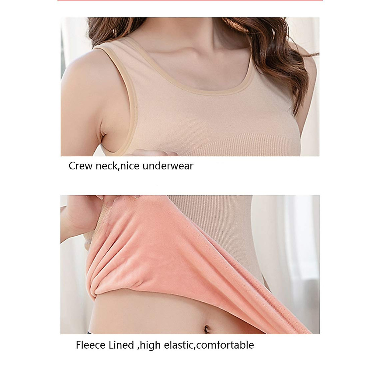Flenwgo Womens Cotton Thermal Fleece Lined Underwear Tops Cami Tank Top Warm Base Layer Vest Khaki L/(Fit 120~145 lb)