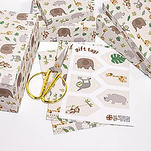 CENTRAL 23 Baby Animal Wrapping Paper - 6 Neutral Gift Wrap Sheets - Monkey Elephant Giraffe - For Birthday Baby Shower Boys Girls - Comes With Fun Stickers - Recyclable
