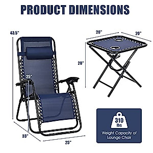 Goplus Zero Gravity Chair Set, 3 Pieces Outdoor Lounge Chair Recliners w/Side Table, Headrest and Cup Holders, Adjustable Folding Recliners and Table for Patio, Yard, Pool, Beach (Navy)