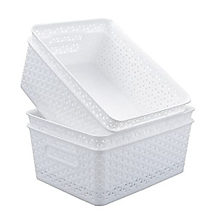 Inhouse Plastic Storage Baskets, White Plastic Bins Organizer, Set of 4