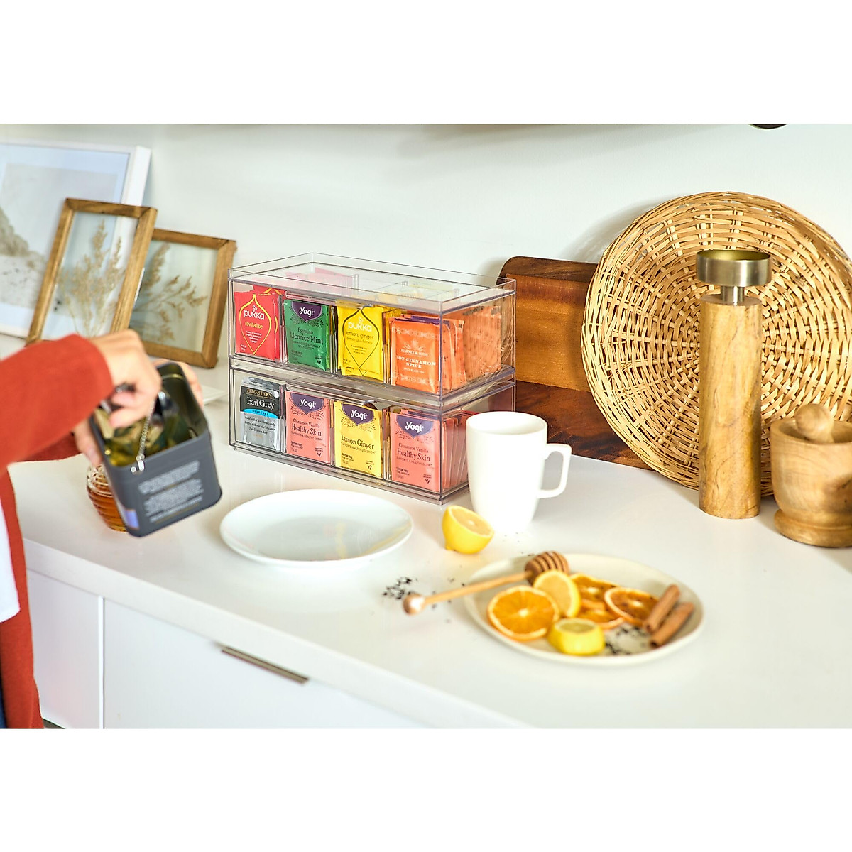 iDesign Crisp BPA-Free Plastic Stackable Tea Bag Organizer for Kitchen Cabinets and Countertops - 12.59" x 6.23" x 4.57", Clear with Gray Dividers