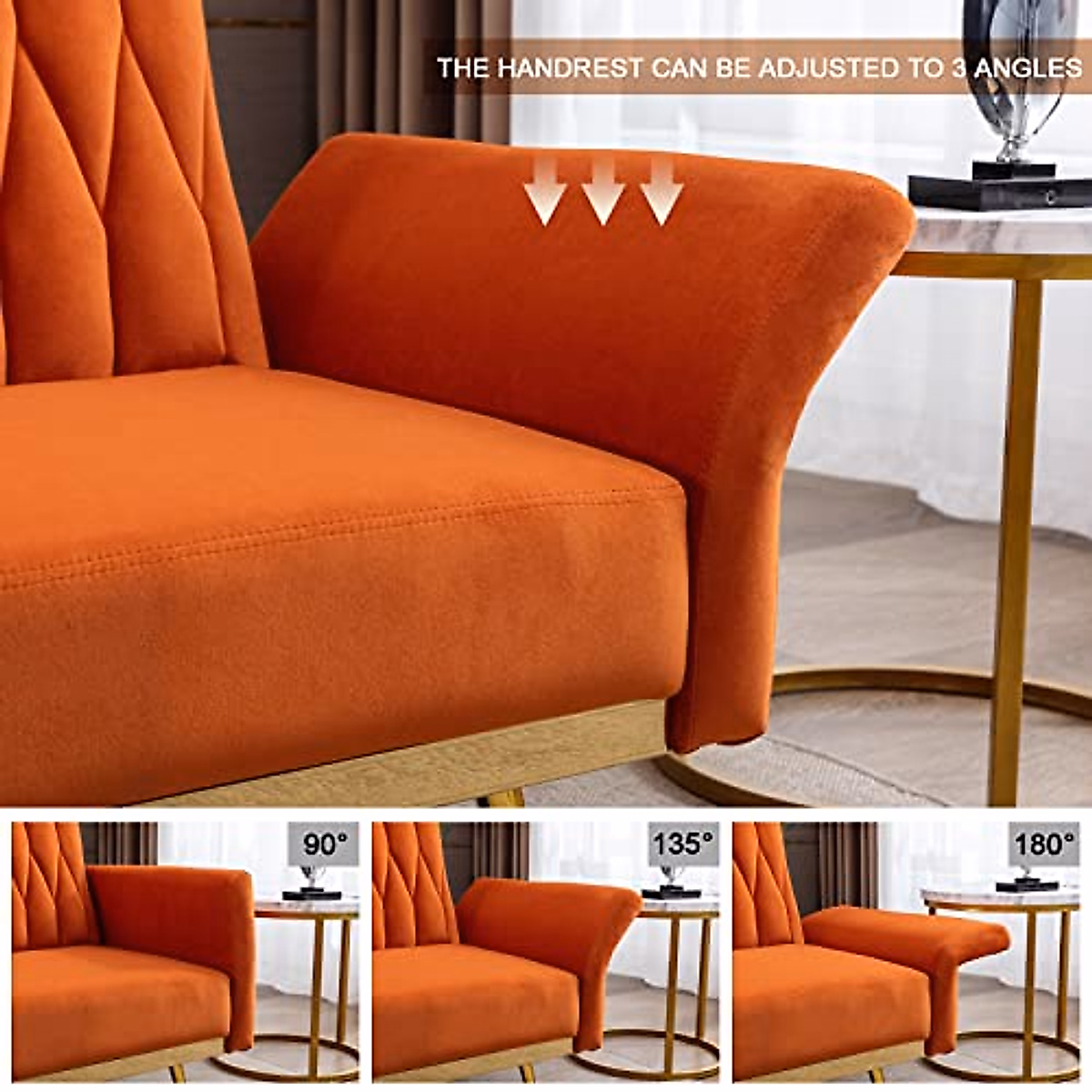 TTGIEET 70" W Velvet Convertible Futon Sofa Bed, Mid Century Modern Decor, Tufted Loveseat Couch Sleeper Futon Sofa with Adjustable Armrests& Golden Metal Legs for Home Living Room Bedroom (Orange)