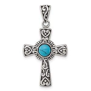Sterling Silver Antiqued Recon Turquoise Cross Pendant style QP4111