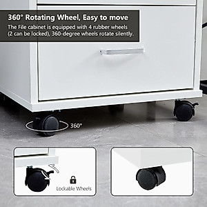 CLIPOP Mobile Office Cabinet with 3 Drawers(1 Lockable), Under Desk Rolling Vertical File Cabinet with 4 Wheels for Letter/Legal /A4 Size Documents, Wooden Storage Cabinet for Home Office (White)