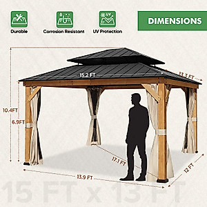 EAGLE PEAK 13x15 Hardtop Gazebo, Galvanized Steel Double Roof Gazebo with Cedar Wood Frame, Outdoor Pavilion with Netting and Curtains for Patio, Deck, Lawn and Garden, Natural Wood/Black