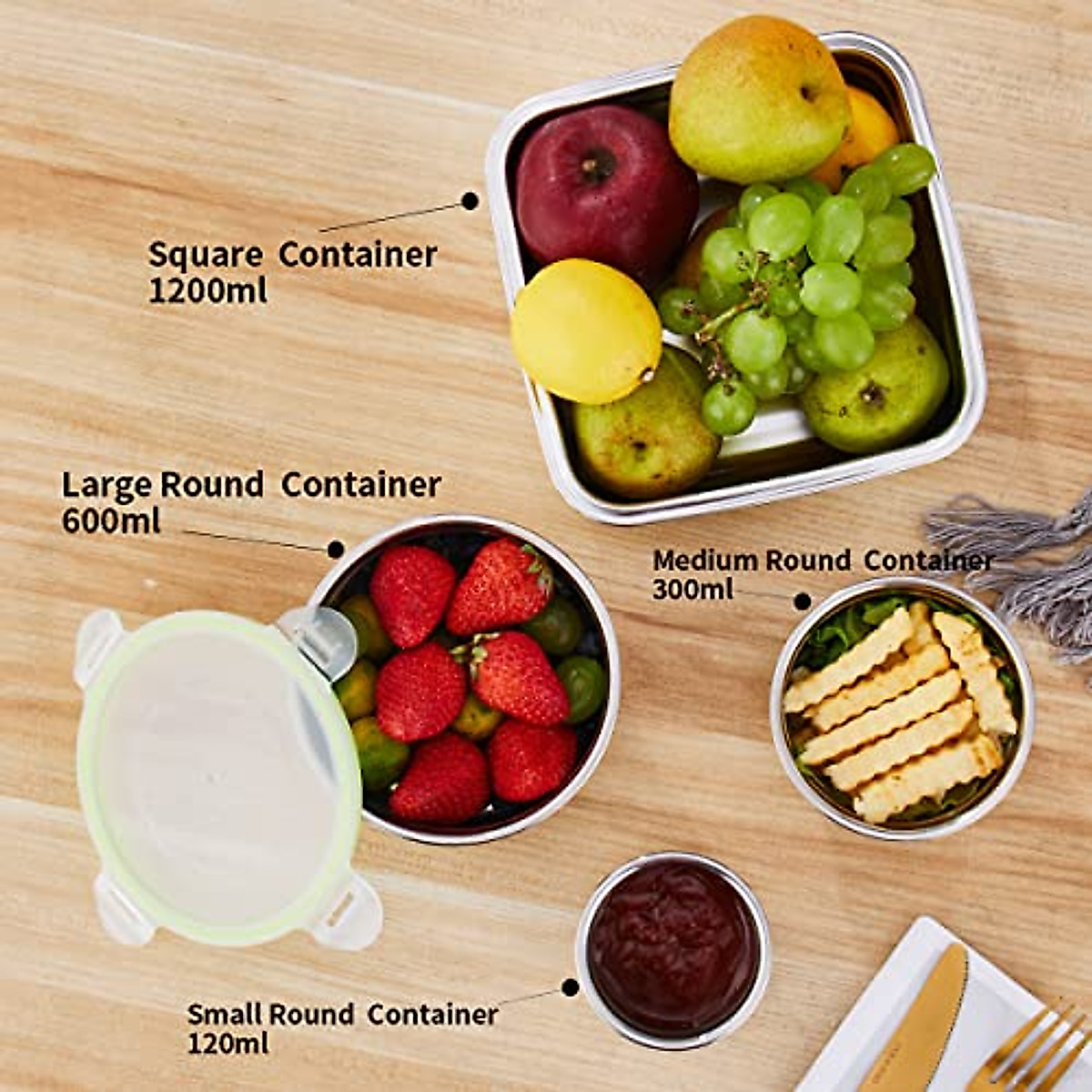 JUANALINE Stainless Steel Food Containers/Bento Lunch Box/Food Storage-Set of 4, 120ML,300ML, 600ML and 1.2L, Leakproof, BPA Free, Portion Control, LT. Green