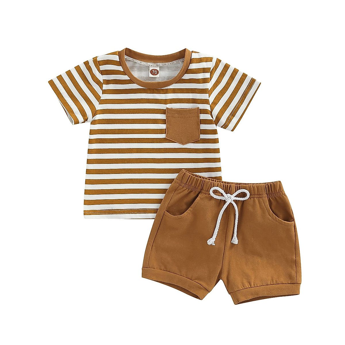 VISGOGO Baby Boys Summer Outfits Set Short Sleeve Striped T-Shirt Tops + Solid Color Short Pants 6 12 18 24 Months 2T 3T (A-Brown, 2-3 Years)
