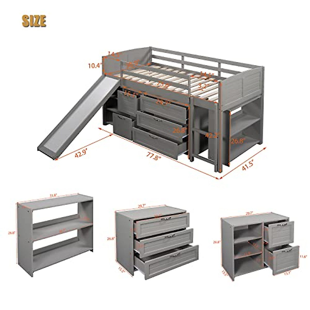 Low Loft Bed with Slide and Storage Twin Loft Bed Frame with Cabinet Drawers and Book Shelves, Wooden Loft Beds for Kids Boys Girls, Gray
