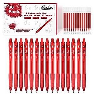 feela 30 Pack Retractable Red Ink Gel Pens Set Medium Point 15 Piece Fine Point Gel Pen with 15 Refills for Smooth Writing