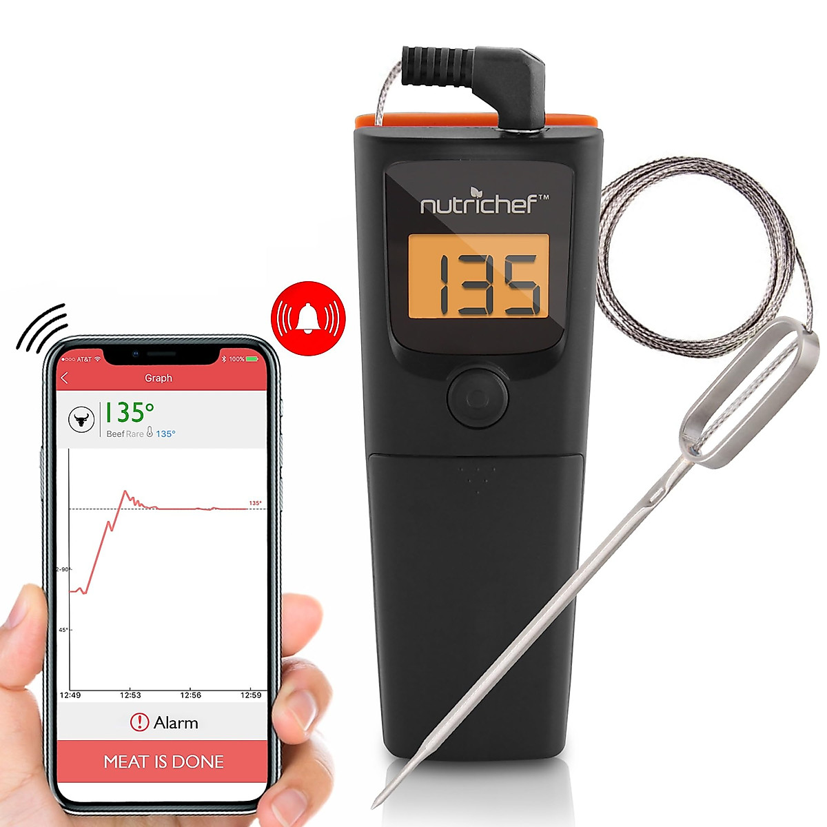 NutriChef Bluetooth Grill BBQ Meat Thermometer Digital Wireless Grill Thermometer, Timer, Alarm, 150 ft Barbecue Cooking Kitchen Food Meat Thermometer for Smoker, Oven