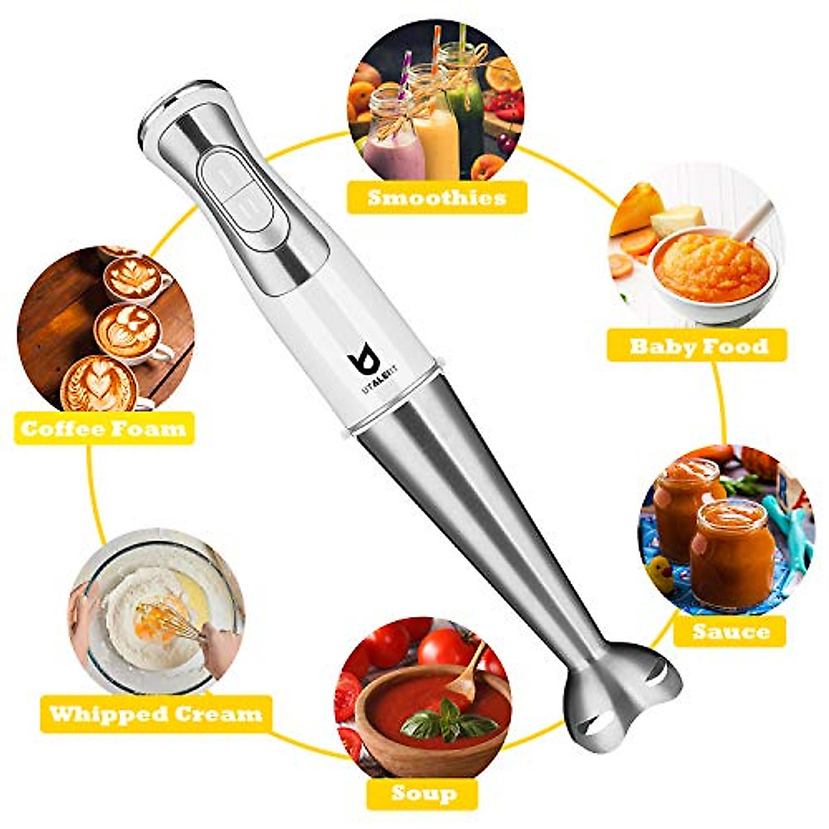 Immersion Hand Blender, UTALENT 3-in-1 8-Speed Stick Blender with Milk Frother, Egg Whisk for Smoothies, Coffee Milk Foam, Puree Baby Food, Sauces and Soups - White