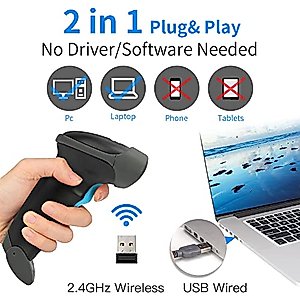 2D 1D 2.4G Wireless Bar Code Scanner Versatile 2 in 1 (Wireless+Wired) for Computers PC, UNIDEEPLY Automatic Barcode Reader Scanner 196 Feet Indoor Transmission Distance, QR PDF417 Scanning Gun, Black