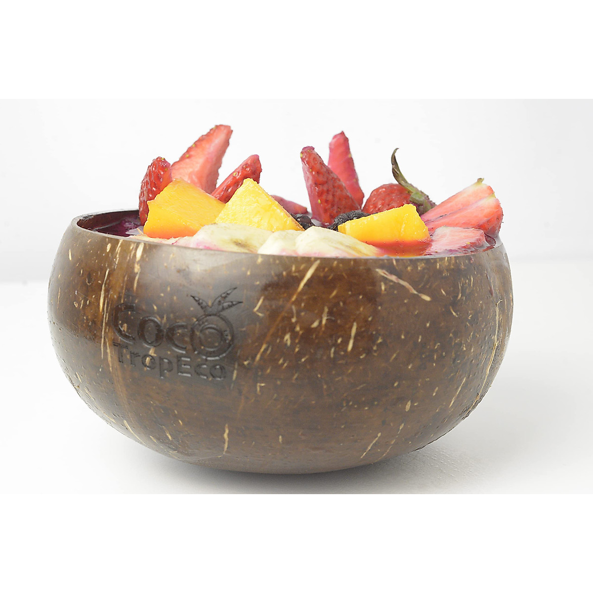 Coco TropEco Coconut Bowl Set of 4 - Handmade Bowls From Natural Coconut Shells + Wooden Spoons + Wood Forks and Bamboo Straws – Buddha Bowls Ideal for Acai Smoothie, Salad or Cereal – Polished –