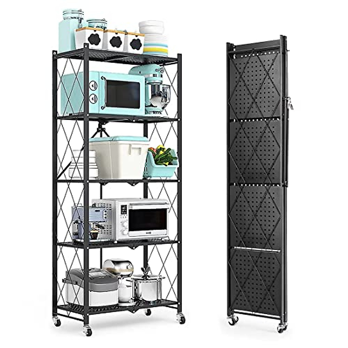 5-Tier Storage Shelving Unit, 28.03"x12.2"x62.5" Heavy Duty Metal Shelf, Foldable Storage Shelf with Wheels, Garage Shelf, Metal Storage Rack, Kitchen Shelf, 1250lbs Capacity