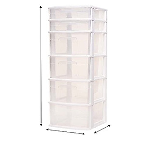 Homz 6 Drawer Plastic Storage and Organizer Tower, Cabinet for Home, Office, Classroom, Craft, Art Supplies, Clothes, White Frame/Clear Drawers
