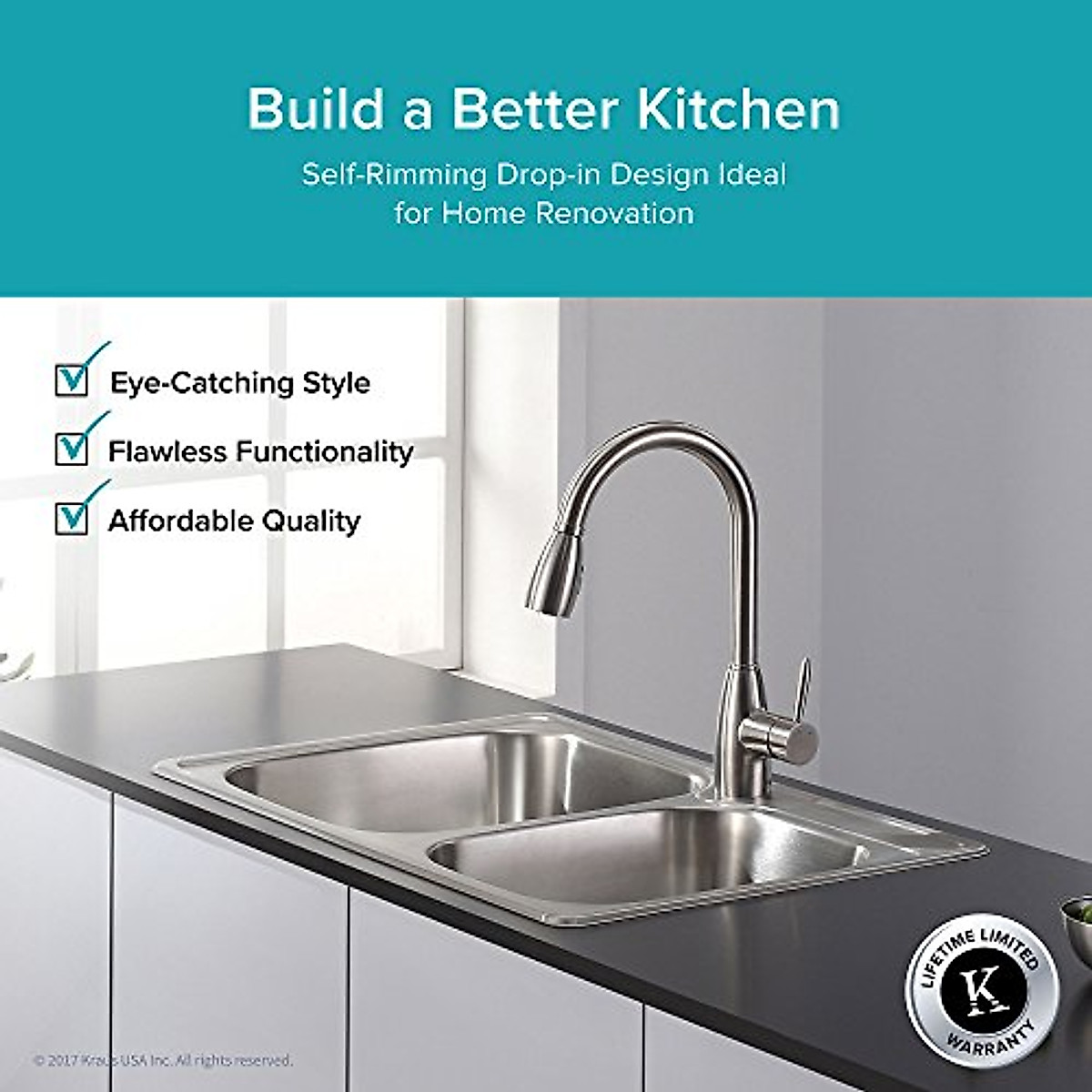 Kraus KTM32 Premier Kitchen Sink Double Bowl, 33.13, Satin