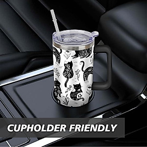 qoepfnsh 40 oz Cat Tumbler with Handle and Straw, Cat Floral Stainless Steel Vacuum Insulated Travel Coffee Mug Cup Water Bottle, Kitty Stuff Accessories Decor, Cats Lover Gifts for Women Girls