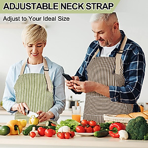 Janmercy 24 Pcs Aprons for Women Men with 2 Pockets Linen Cooking Kitchen Apron Adjustable Bib Chef Apron Bulk Aprons Unisex (Brown/Green Stripes)