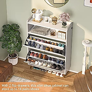 Aheaplus Shoe Cabinet with Flip Doors, Shoes Storage Organizer with Motion Sensor Led Light, Entryway Wood Freestanding Tipping Bucket Shoe Rack with Open Shelves for Closet, Living Room, Grey&White