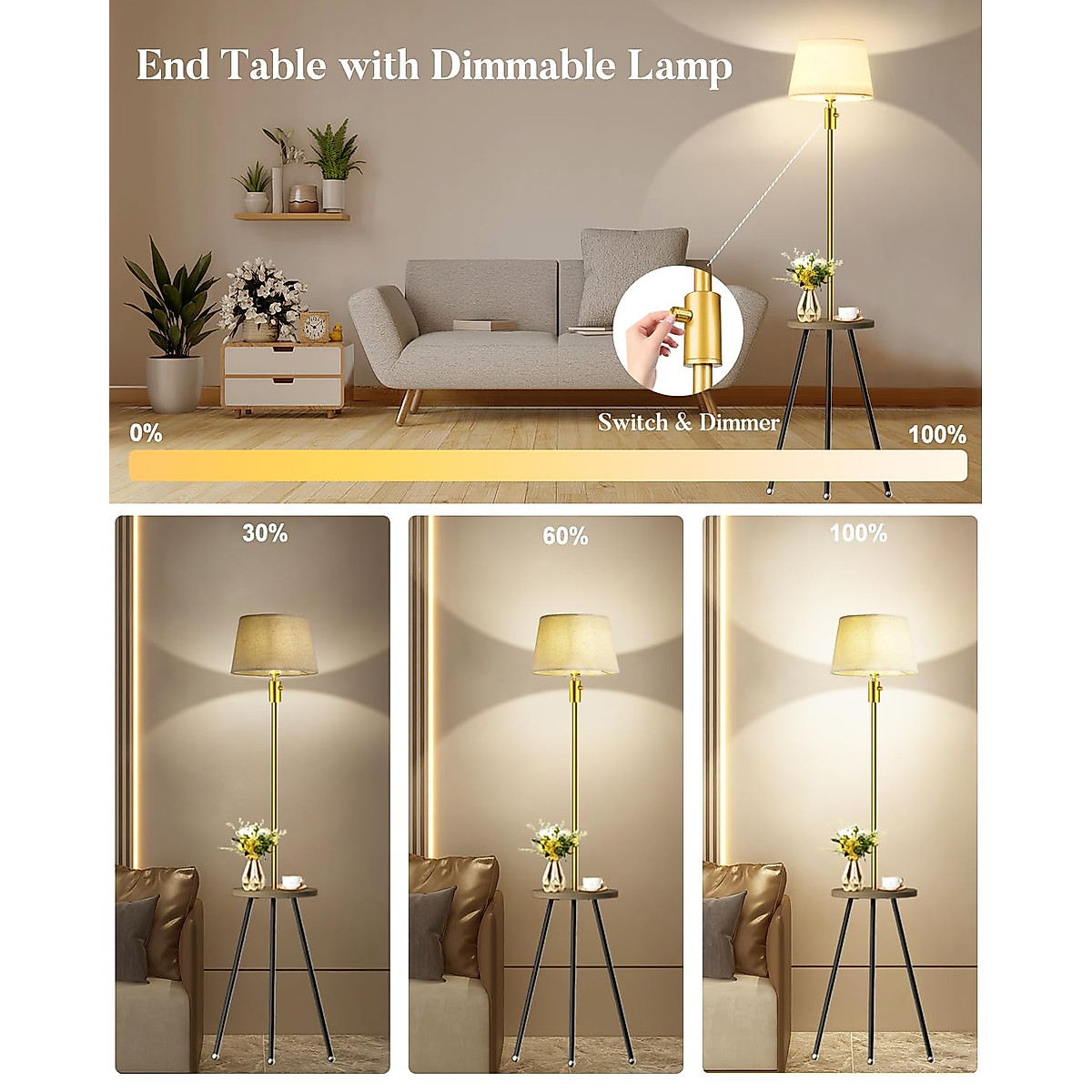 bulbeats 61IN Dimmable Floor Lamp with Shelves, Display Shelf Floor Lamp with Fabric Shade, E26 Bulb, Corner Storage Standing Tall Lamp for Living Room, Bedroom, Office, Bedside