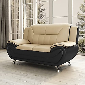 US Pride Furniture Michael Collection Modern Style Faux Leather Couch-Versatile 2 Seater Accent Piece for Living Room, Bedroom or Office-Comfortable Design and Elegant Look, 61.3 Loveseat, Black/Camel