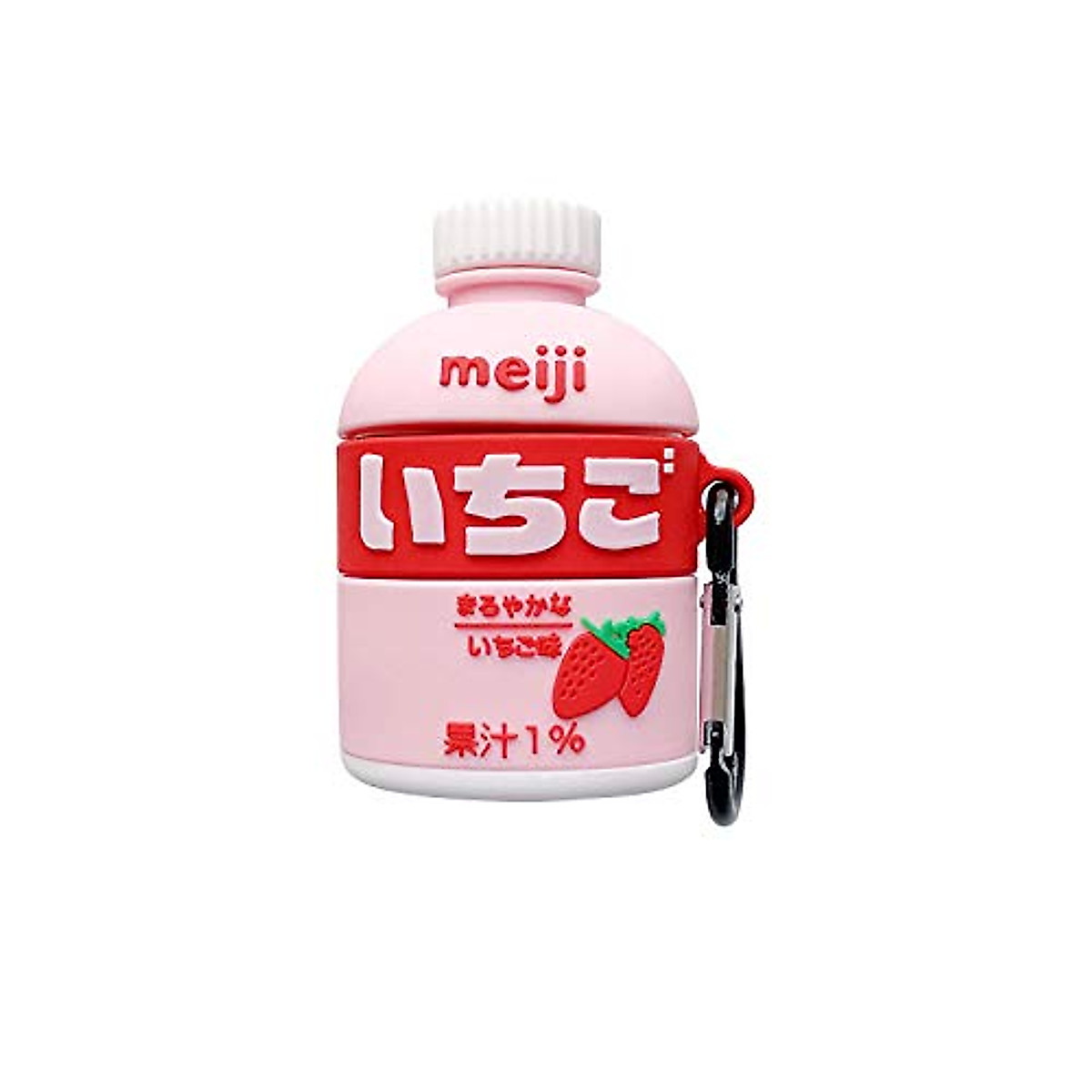 Cute AirPod Case Cover for Apple AirPods 1 2 AirPods1 AirPods with Clip Hook Keychain Pink Strawberry Flavor Juice Milk Drink Bottle 3D Cartoon Meiji Kawaii Lovely Fun Fresh Girls Kids Teens Daughter