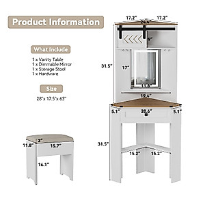 ARTETHYS Small Vanity Desk Set with Mirror and Lights Corner Makeup Table with Drawers for Small Space Farmhouse White Makeup Vanity Table with Storage Stool for Bedroom