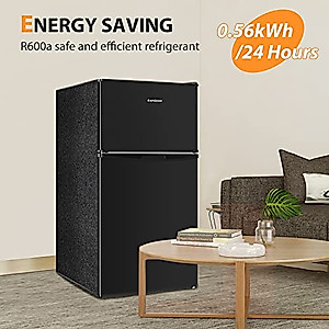 BANGSON Mini Fridge with Freezer, 3.2 Cu.Ft, Low Noise, Energy Saving, 5 Settings Temperature Adjustable, 2 Door Mini Fridge for Bedroom Office and Dorm, (Black)