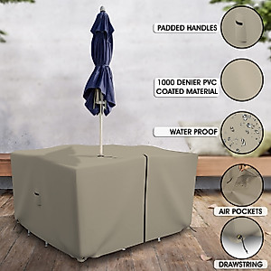 Covers & all Square Table & Chair Set Cover with Umbrella Hole, 12 Oz Waterproof UV & Weather Resistant, Patio Lawn Garden Backyard Furniture with Air Vents & Drawstrings (70"L X 70"W X 30"H, Beige)