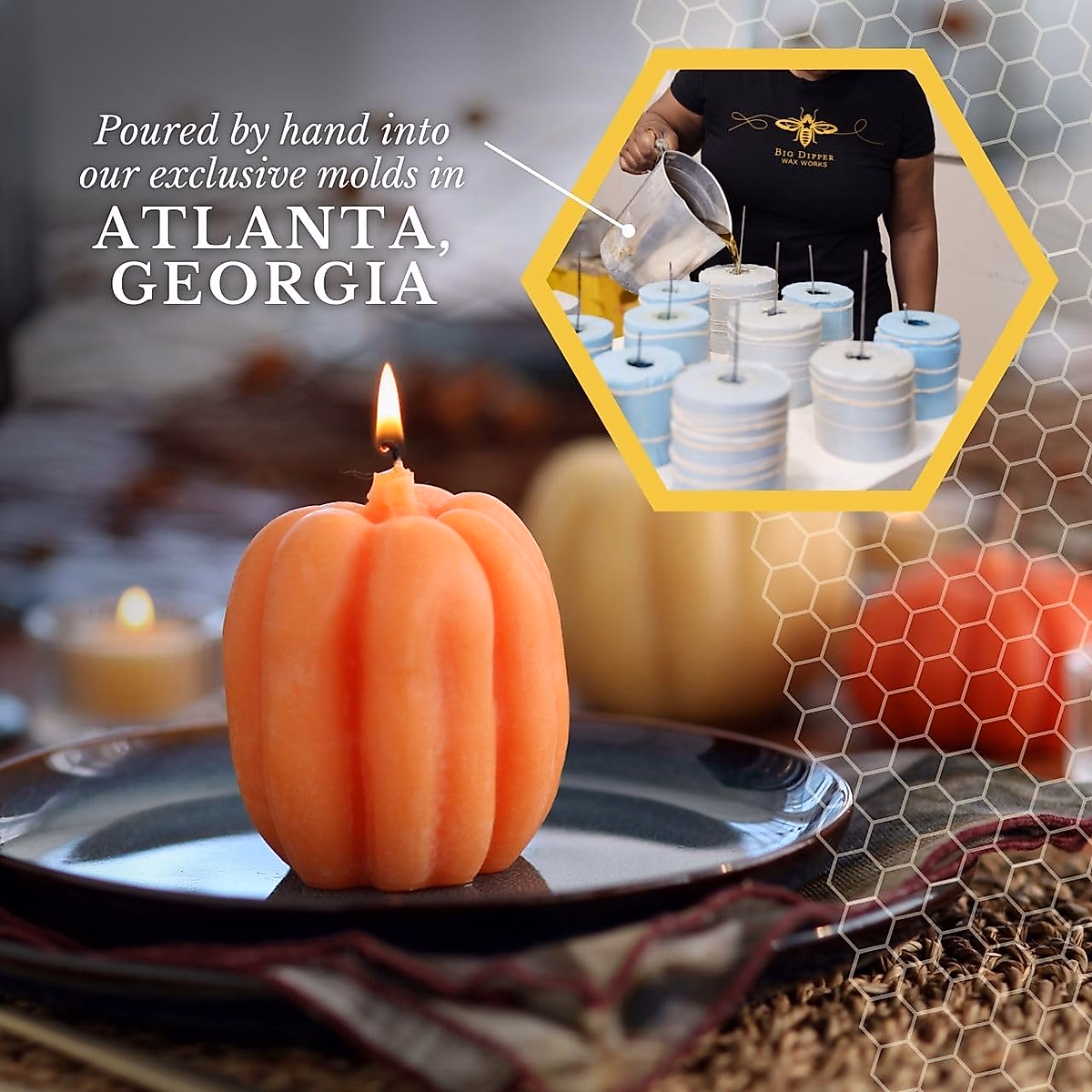 Big Dipper Wax Works Medium Light Orange Pumpkin Candle, 25-Hour Long Burn, Pure Beeswax Sculpted Candle, 3” x 3.25”, Fall Candle