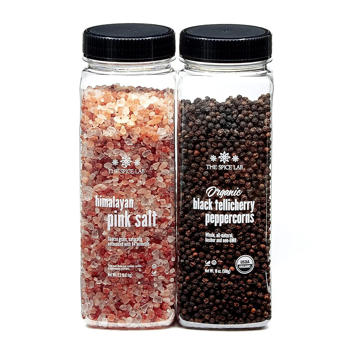 The Spice Lab Pink Himalayan Salt Coarse 2.2 Pound Tub & USDA Organic Tellicherry Peppercorns 18oz Tub - Combo Salt and Pepper Gift Pack - Peppercorns for Grinder