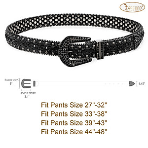 JASGOOD Cowboy Cowgirl Rhinestone Belt for Jeans, Men and Women Crocodile Grain Leather Studded Belt, E-Black, Suit Pants Size 33"-38"