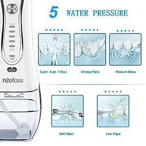 H2ofloss Water Flosser Portable Dental Oral Irrigator with 5 Modes, 6 Replaceable Jet Tips, Rechargeable Waterproof Teeth Cleaner for Home and Travel -300ml Detachable Reservoir (HF-6)
