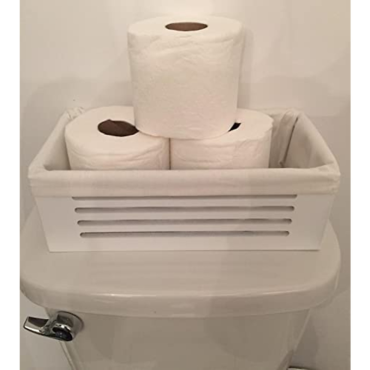 2 Pack White Bathroom Decor Box for Toilet Paper Storage - Wood Toilet Tank Basket Topper - Perfect Back of Toilet Storage Basket, Lined with Soft Linen Fabric - Ideal Countertop Sink Organizer