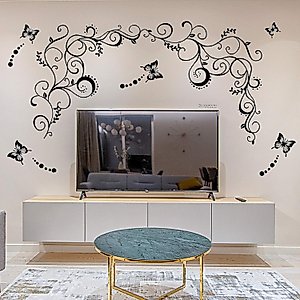 RW-051 Removable Black Vinyl Flower Vines Wall Decal Butterfly Wall Stickers Floral Wall Decor 3D Peel and Stick Art for Girls Bedroom Nursery Living Room Kids Babys Rooms Home Wall Decoration (B)