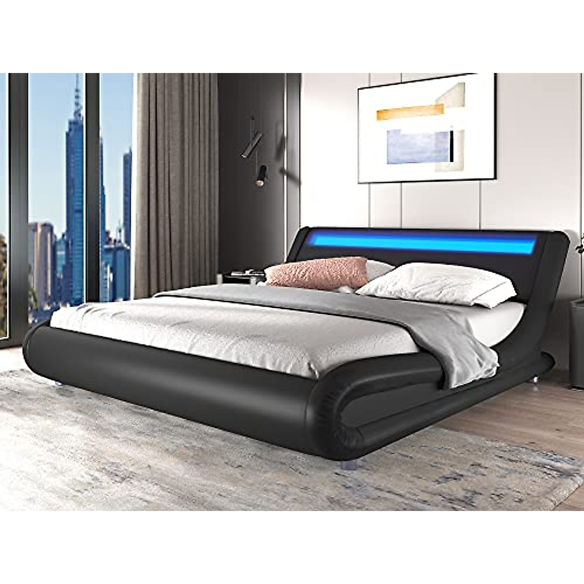 SHA CERLIN Upholstered Modern Bed Frame with LED Headboard/Mattress Foundation/No Box Spring Needed/Strong Wood Slats Support/Easy Assembly, Black, Full