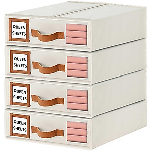 LHZK Sheet Organizers and Storage 4 Pack, Foldable Bed Sheet Organizers and Storage (Queen & King Size), Bed Sheet Organizer with Leather Handle, Window and Label