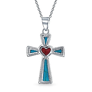 South Western Style Gemstone Blue Stabilized Turquoise Red Heart Cross Pendant Religious .925 Sterling Silver Necklace For Women Teen