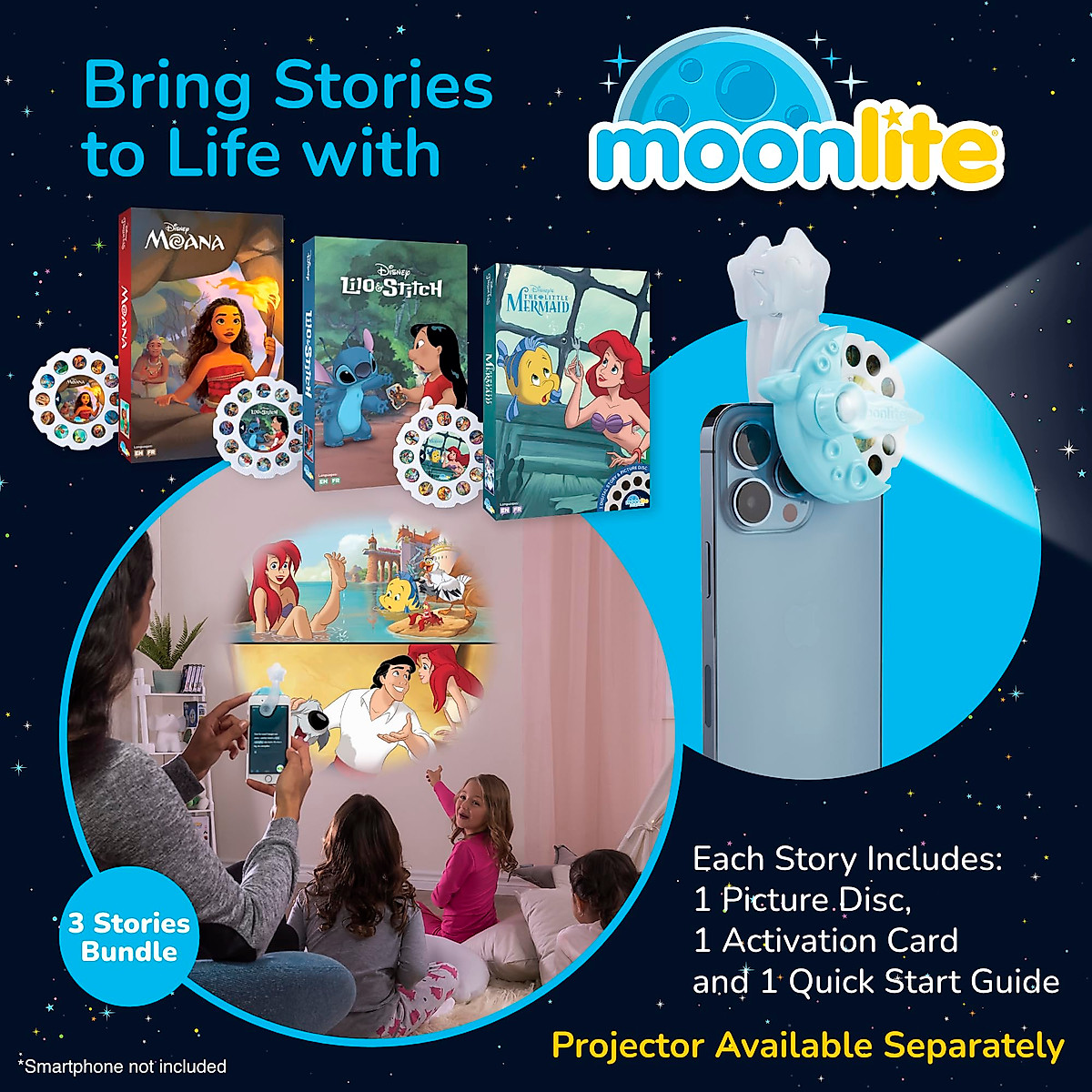 Moonlite Storytime Storybook Reels, 3 Story Set, Moana, Lilo and Stitch, The Little Mermaid, Digital Stories for Projector, Toddler Early Learning Gifts for Kids Ages 12 Months and Up