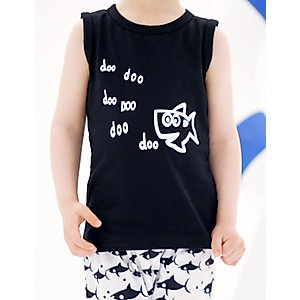 Kids4ever Baby Boys Summer Clothes Sets 12-18 Months Toddlers Boy Black and White Shark Sleeveless Shirt Tops + Fish Short Pants Child 3d Printed Doo Doo Letters Hawaiian Beach Board Shorts