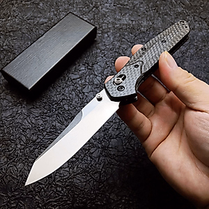 HUAAO 7.7in EDC Pocket Knife, 3.6in Reverse Tanto Blade with Thumb Stud, Plain Edge D2 Steel, Black Carbon Fiber Handle with Belt Clip Axis Lock Mechanism for Outdoor Camping