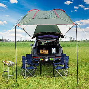 Wind Tour Portable Waterproof Car Rear Tent Outside Camping Shelter Outdoor Car Tent Trailer Tent Roof Top for Beach (Green+White)