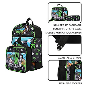 Minecraft 5-Piece Set: 16" Backpack, Lunchbox, Utility Case, Rubber Keychain, and Carabiner