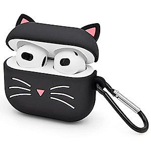 Mouzor Cute AirPods 3 Case (2021), Black Whisker Cat AirPods 3rd Generation (2021) Case Funny 3D Cartoon Animal Shockproof Soft Silicone Charging Case Cover with Carabiner for Kids Girls Boys Women