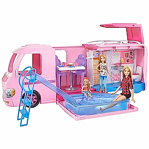 Barbie Camper Playset, Dreamcamper Toy Vehicle with 50 Accessories Including Furniture, Pool & Slide, Hammocks & Fireplace (Amazon Exclusive),Pink