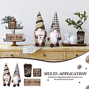 5 Pcs Coffee Tiered Tray Decor Set, Coffee Decor for Coffee Bar, Include 2 Pcs Rustic Coffee Gnomes and 3 Pcs Farmhouse Coffee Bar Tiered Tray Wood Signs for Coffee Bar Decorations